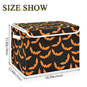 Storage Bins with Lid Orange Bat Halloween Black Toys Fabric Storage Basket Large Collapsible Organizers Bedroom Storage Boxes Cubes and Handles for Clothes Office Shelves