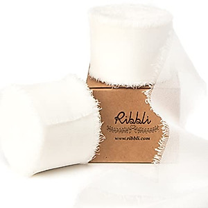 Ribbli White Chiffon Ribbon 1-1/2 inch x 20 Yard Handmade Fringe Chiffon Silk Ribbon, White Ribbon for Wedding Invitations, Bridal Bouquets Wrapping, Flower Arrangement Decoration
