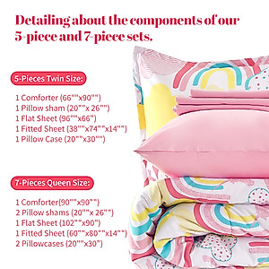 Sonive Girls Twin Comforter Set, Breathable, 5 Pieces with 1 Comforter(66"x90"), 1 Fitted Sheet, 1 Flat Sheet, 1 Pillow Sham, 1 Pillowcase Gift Choice, Rainbow Unicorn