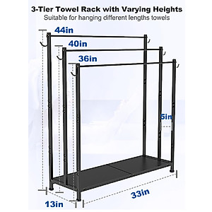 AnBaiMei Extra Large Free Standing Towel Rack with Metal Storage Shelf & 6 Hooks for Bathroom, 3 Tiers Heavy Duty Blanket Drying Stand Holder for Outdoor Pool, Bedroom, Living Room, Black