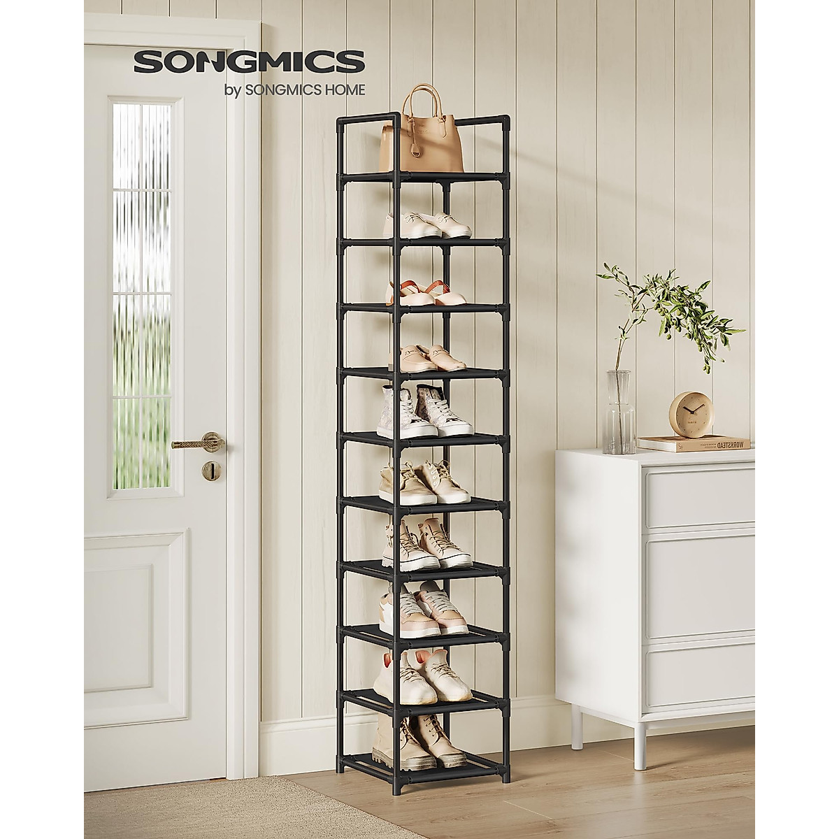 SONGMICS Shoe Rack, 10 Tier Shoe Shelf, Shoe Storage Organizer, Space-Saving, 13 x 13 x 68.1 Inches, Metal Frame, Non-Woven Fabric Shelves, for Entryway, Bedroom, Black ULSR110B02