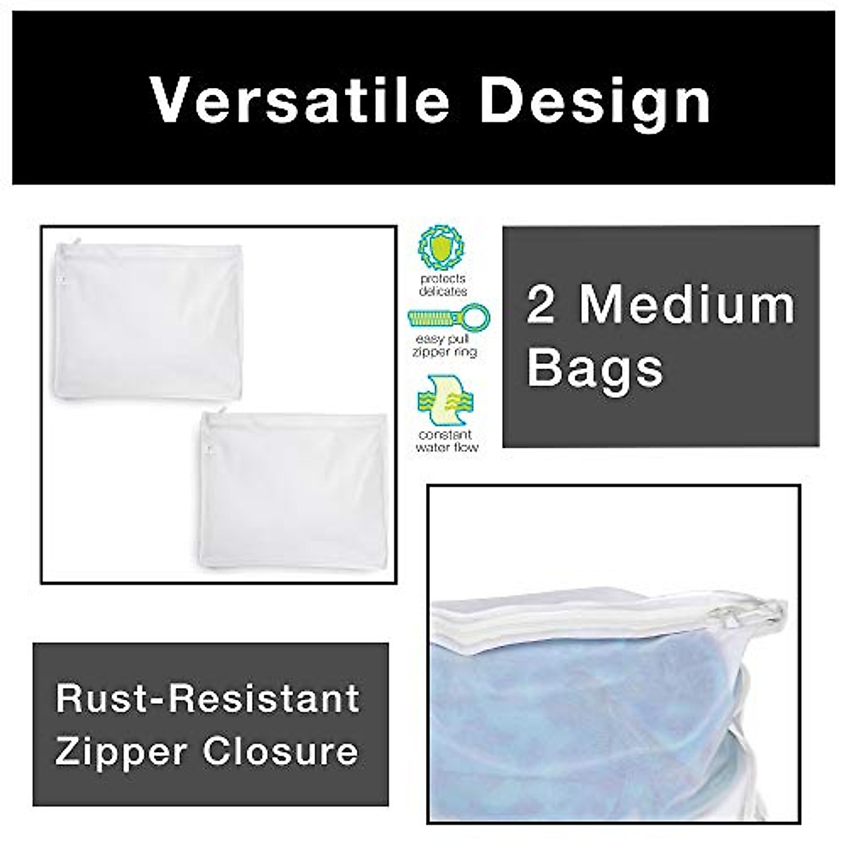 Smart Design Delicates Wash Bag with Safety Zipper - Set of 2 - Washer and Dryer Safe - Mesh Polyester Material - Delicates, Lingerie, and Baby Clothes - 18 x 15 Inch - White