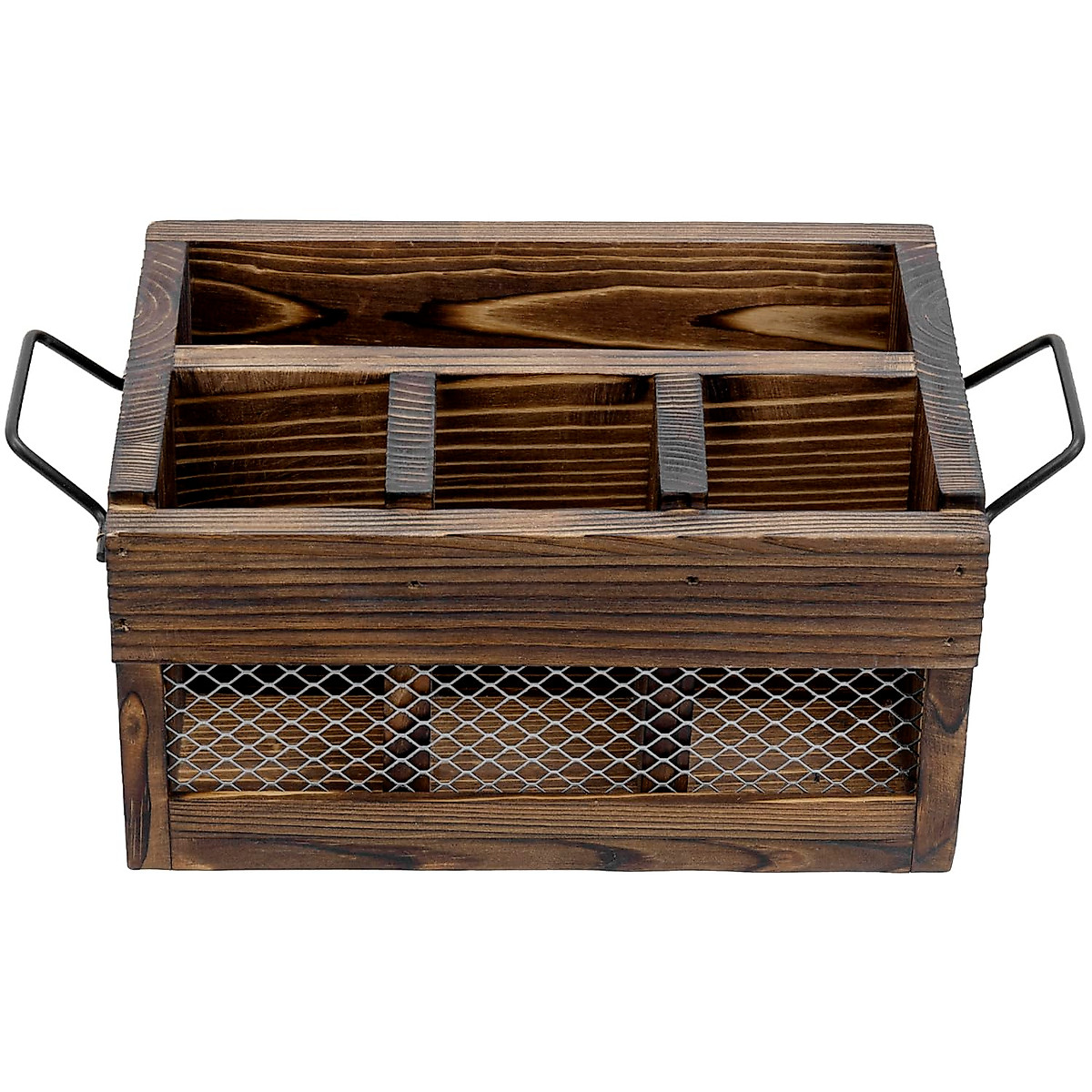 MyGift Rustic Brown Wood Utensil Holder and Napkin Rack with Black Metal Carry Handles and Chicken Wire Front Panel, Dining Flatware Cutlery Storage Caddy