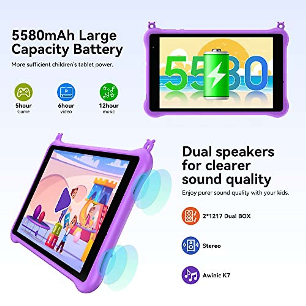 Blackview Tablet Kids, Android 12 Tablets for Toddlers, 5GB(3+2) RAM 64GB ROM 1TB TF, 5580mAh 1280 * 800 with Eyes Protection, Dual Speakers WiFi Tablet for Children, Purple