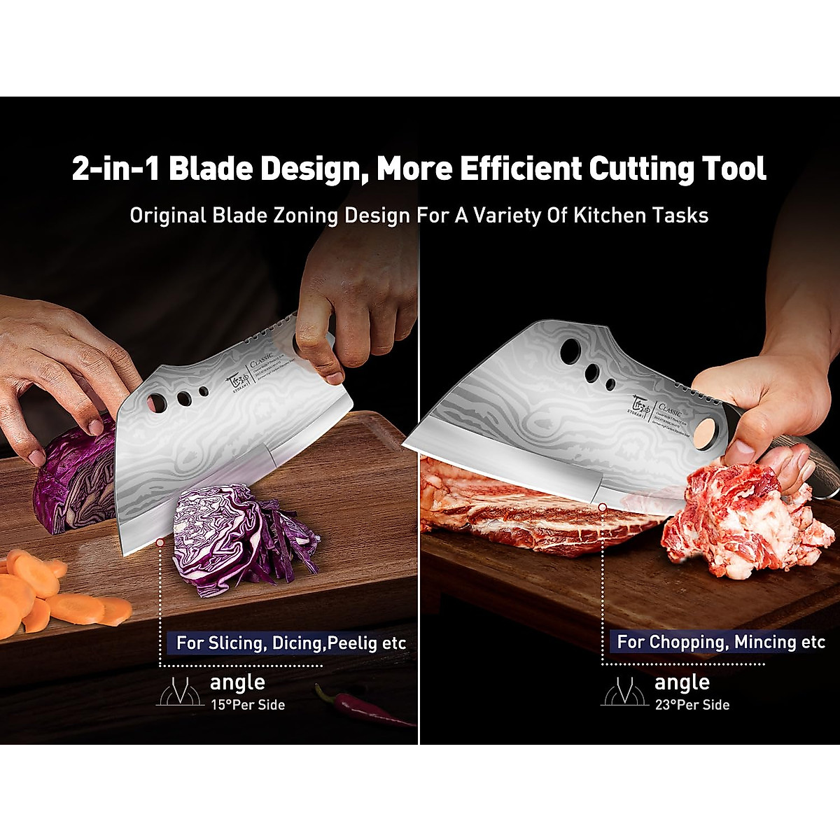 Multifunction Chinese Chef Knife, 7.7 Inch Meat Cleaver With Herb Stripper And Sheath, Butcher Knife Heavy Duty Bone Chopper, Slicing Vegetables, Damascus Pattern Full Tang Wood Handle Design