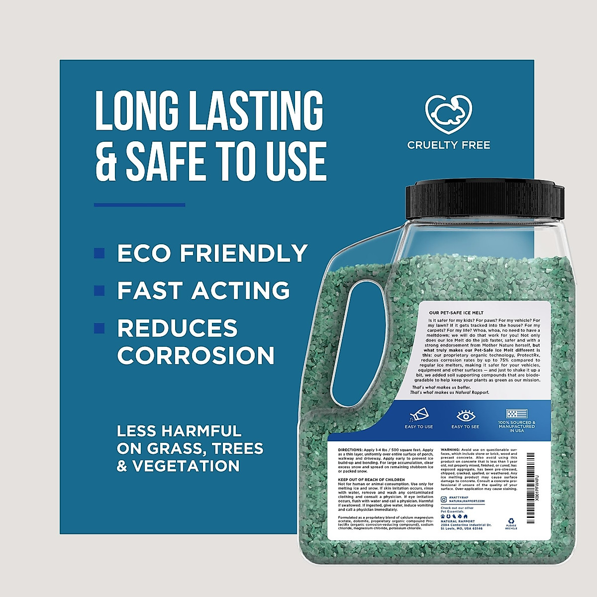 Natural Rapport Pet Friendly Ice Melt - Calcium Chloride Free, Pet Safe Ice Melter, Rock Salt Alternative - Time Release Deicer Formula Lasts 3X Longer (10 lb)