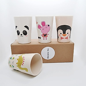 Bamboo Cups For Kids Set of 4 Cute Fun Animal 12 Oz Drinking & Snack Toddler Smoothie Bathroom Eco Friendly Organic Fibre Shatter Resistant BPA Free Dishwasher Safe, White, 4 Count (Pack of 1)