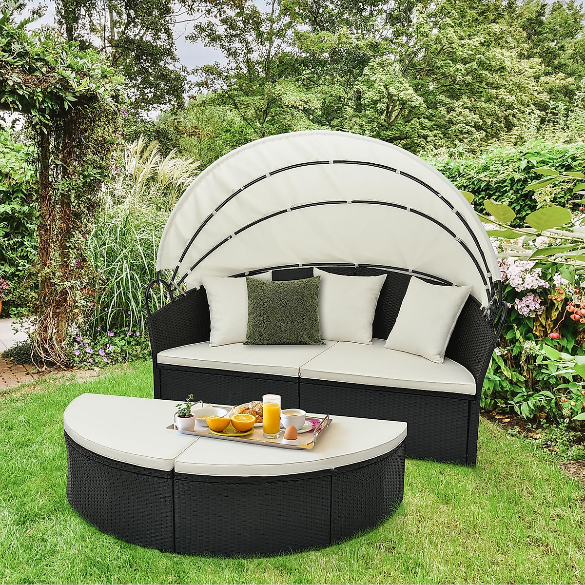 Tangkula Outdoor Patio Round Daybed with Retractable Canopy, Black Rattan Wicker Furniture Sectional Seating with Cushions and Throw Pillows, Seating Separates Cushioned Seats for Backyard (Off White)