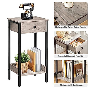 HOOBRO Tall Side Table, Nightstand, End Table with Drawer and Storage Shelf, Industrial End Telephone Table, for Study, Bedroom, Space Saving, Greige and Black BG71BZ01