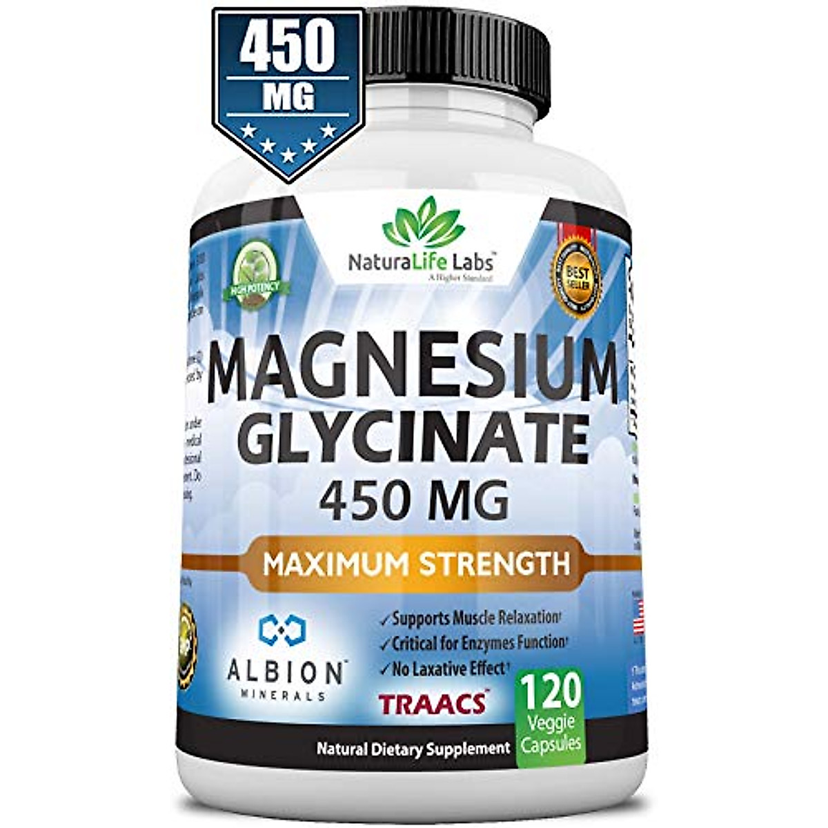 Magnesium Glycinate 450 MG Albion Minerals TRAACS Maximum Bioavailability Chelate No Laxative Effect Vegan Helps Function of Muscles, Bones, Heart Non-GMO