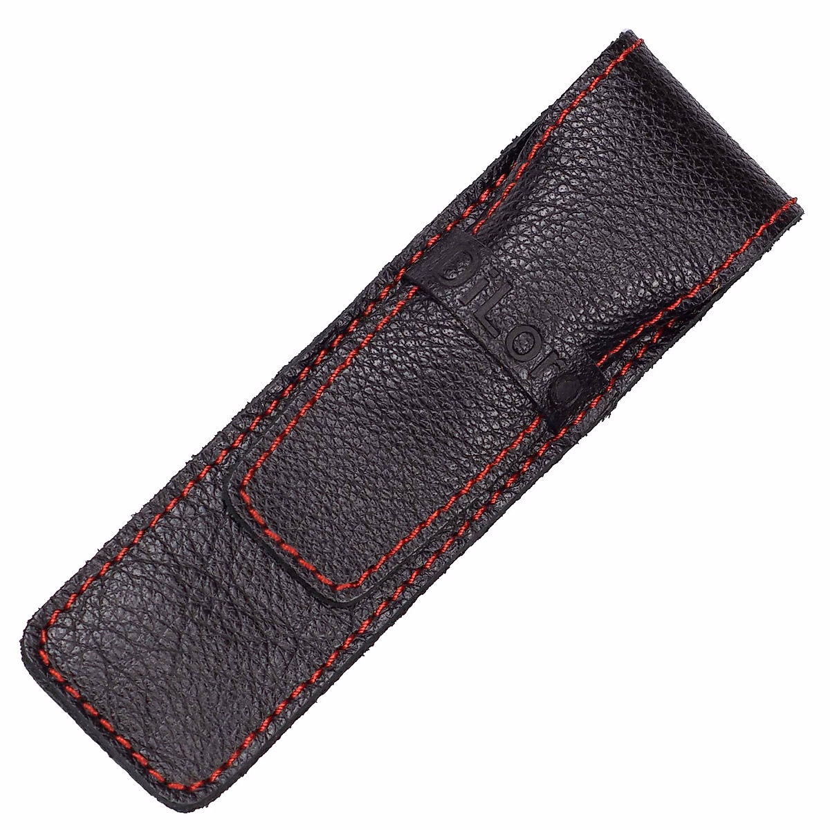 DiLoro Full Grain Leather Single Pen Case Holder Pouch Pencil Organizer (Buffalo Black w Red)