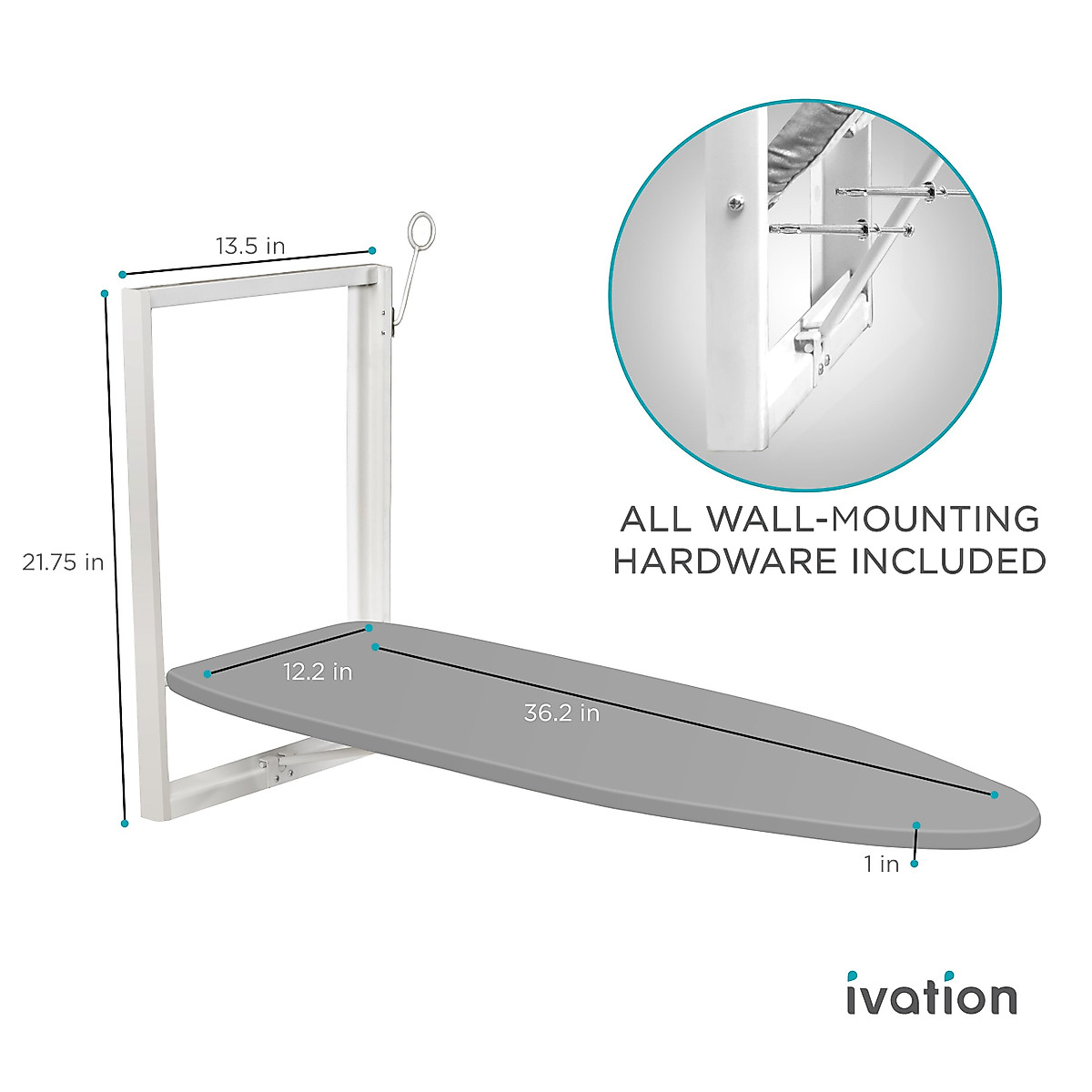 Ivation Wall-Mounted Ironing Board | Foldable 36.2” x 12.2” Ironing Station for Home, Apartment & Small Spaces | Sturdy Folding Board, Easy-Release Lever, Removable Cotton Cover & Mounting Hardware