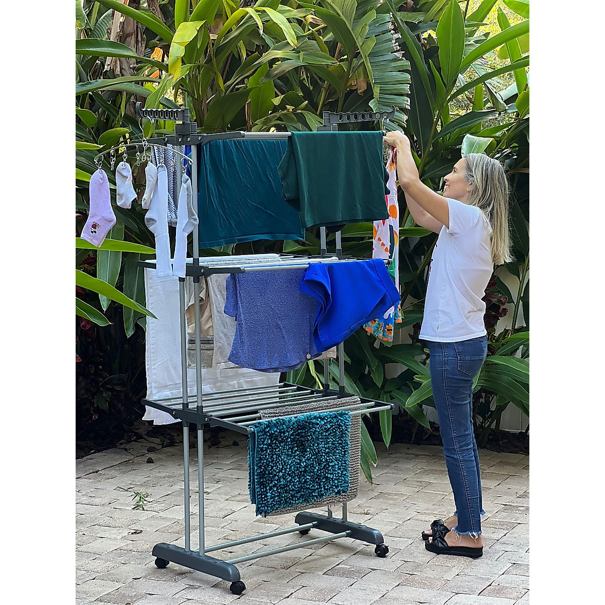 Pogala, Clothes Drying Rack, Indoor, Outdoor Laundry Drying Rack, with Foldable Wings, Space Saving Laundry Rack, Laundry Hanger Dryer Rack, Includes 2 Packs of Stainless Hangers for Underwear