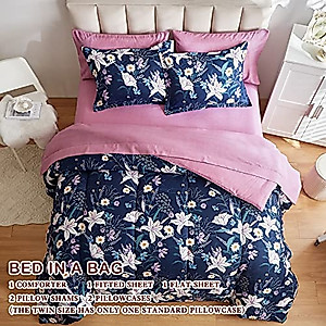 Joyreap 7 Piece Bed in a Bag Full/Queen, Lilies on Navy Floral Design, Microfiber Bedding Comforter Set with Sheets- 1 Comforter, 2 Pillow Shams, 1 Flat Sheet, 1 Fitted Sheet, 2 Pillowcases
