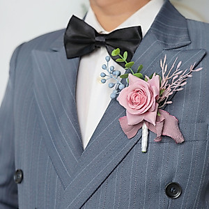 GLIDLION 2Pcs Men Boutonniere and Woman Wrist Corsage Set,Artificial Flowers Groom/Groomsman Boutonniere Pins,Bride/Bridesmaid Wrist Corsage for Wedding Party Homecoming Prom (Dusty Pink)