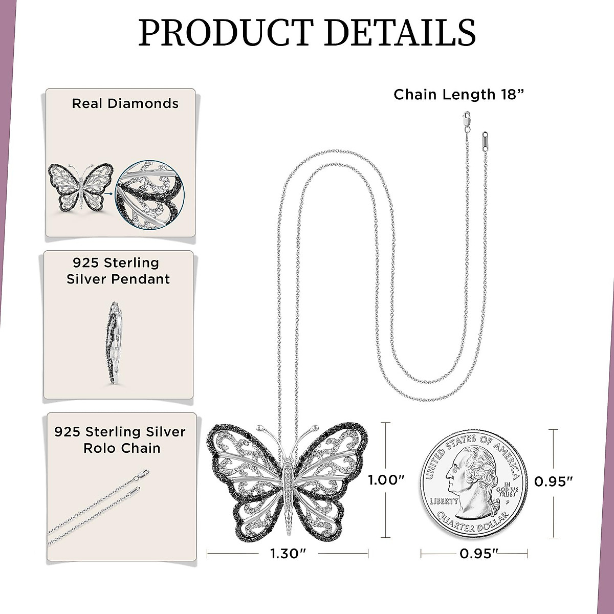 Jewelili Womens Sterling Silver with 1/3 Cttw Treated Black and Natural White Round Diamond Butterfly Necklace, 18" Rolo Chain