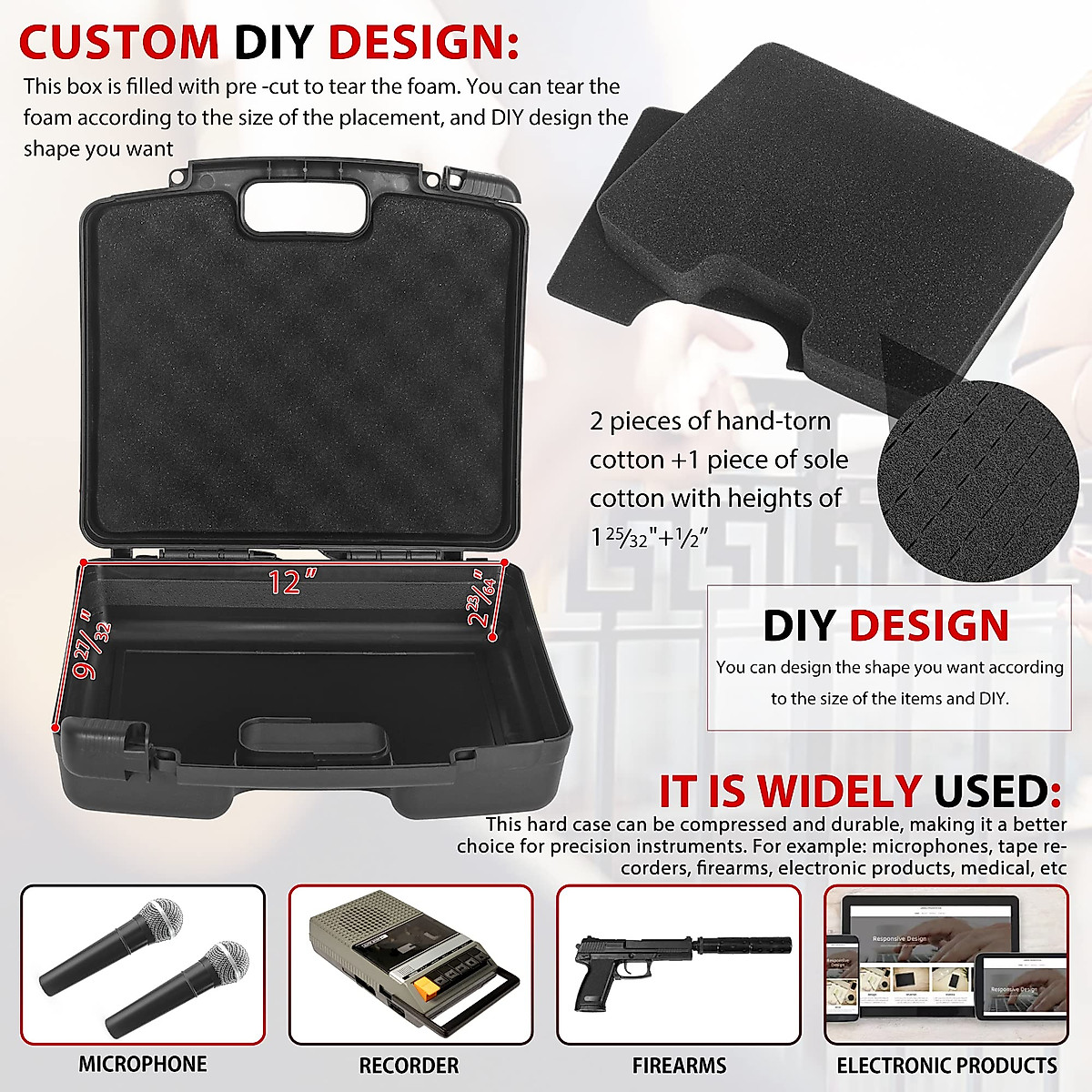OUUTMEE Portable Hard Case 12.2" x 9.85" x 3.77" With Customizable Diced Foam Protects for Equipment,Electronics,Tools,Microphone,Recorder and More