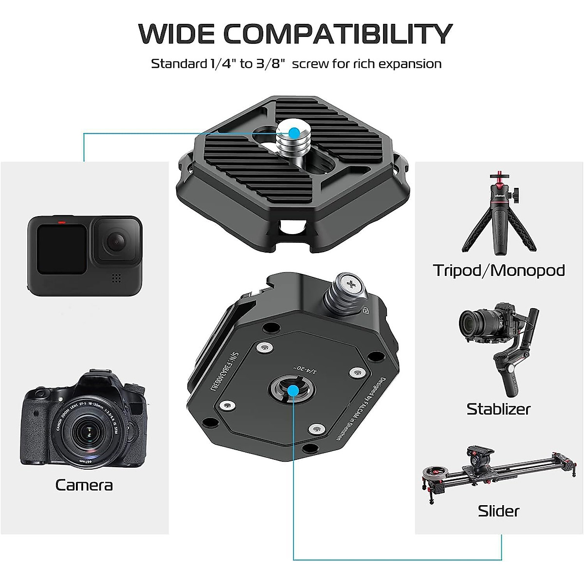 VIJIM FALCAM F38 Quick Release Plate,38mm Universal Camera Mounting Adapter w 1/4in-3/8in Screw Thread,Aluminum Quick Release System QR Plate,Fits for Sony Canon Tripod Monopod DSLR Stabilizer Slider