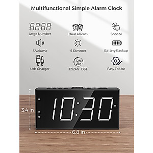 Alarm Clock for Bedroom, 2 Alarms Loud LED Big Display Clock with USB Charging Port, Adjustable Volume, Dimmable, Snooze, Plug in Simple Basic Digital Clock for Deep Sleepers Kids Elderly Home Office