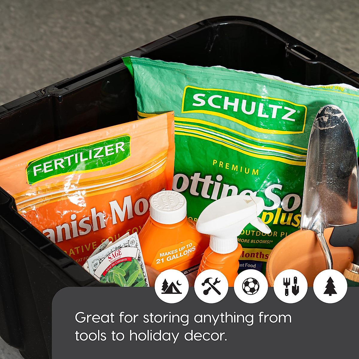 IRIS USA 27 Gallon Heavy Duty Truck Bed Toolbox Storage Tote Bins with Lids, 4 Pack - Made in USA, Tough Snap On Lid Stackable Industrial Rugged Tubs, Garage Organization, Reusable Box - Black