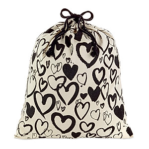 Hallmark 19" Large Canvas Bag with Drawstring (Ivory with Black Hearts) for Valentines Day, Weddings, Bridal Showers, Anniversary and More