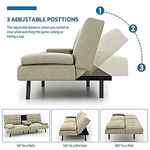 LIFERECORD Futon Sofa Bed Modern Linen Fabric Convertible Folding Lounge Couch Daybed for Living Room with 2 Cup Holders, Removable Soft Armrest and Sturdy Metal Leg, Khaki