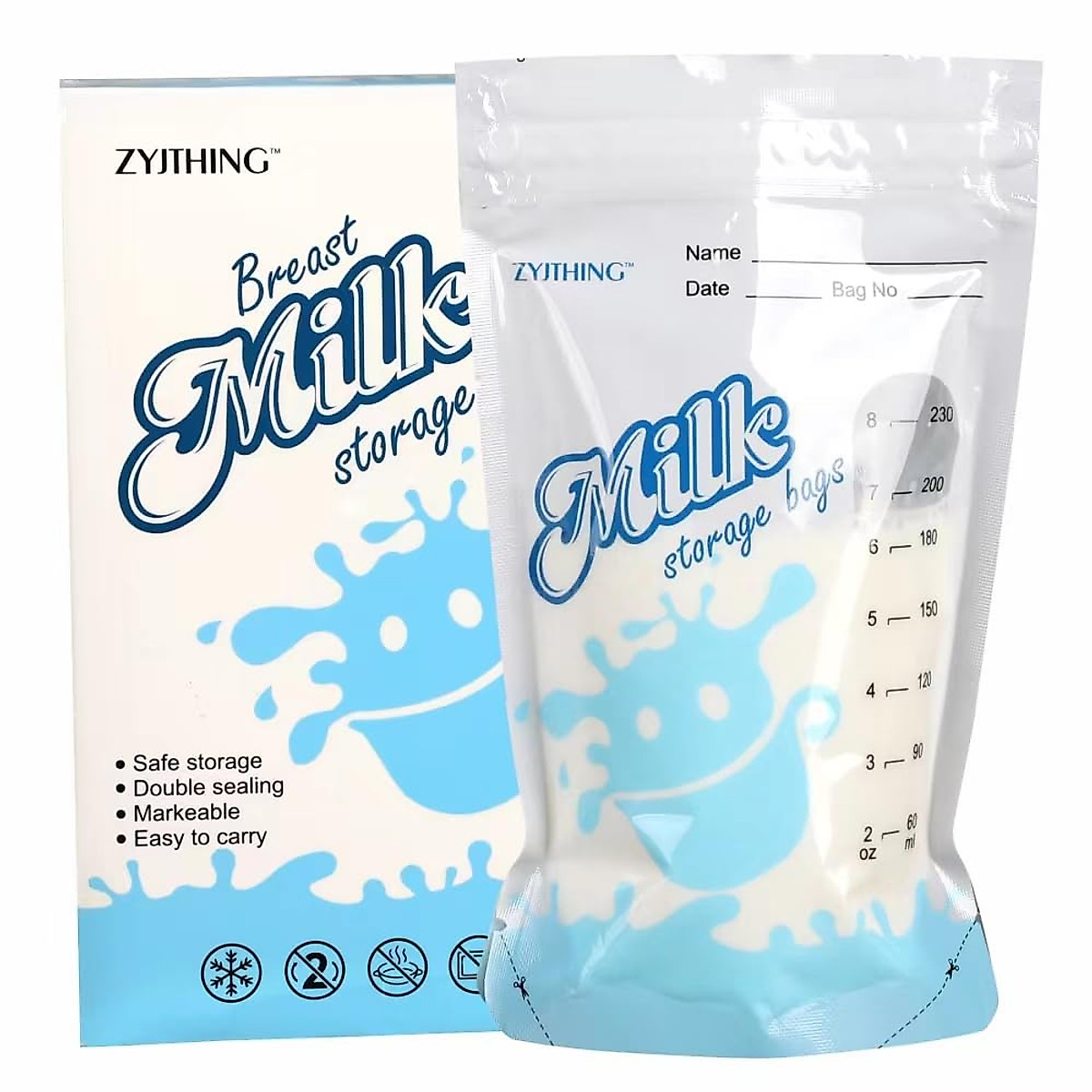 Breast milk storage bags, 100count/1Pack,7-8 ounces, liquid food bag, Breast milk storage bags freezer;breast feeding，Double-layer self-sealing, flat, upright after filling.