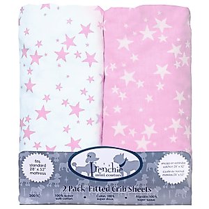 Frenchie Mini Couture Fitted Crib Sheets 100% Woven Cotton Fits Toddler Mattress, Pink Stars, 28 x 52inx8in, 2-Pack