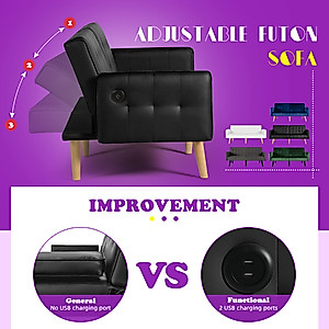 TYBOATLE Faux Leather Convertible 65'' Folding Futon Sofa Bed w/ 2 USB, Loveseat for Small Space, Apartment, Dorm, Living Room, Office, Black