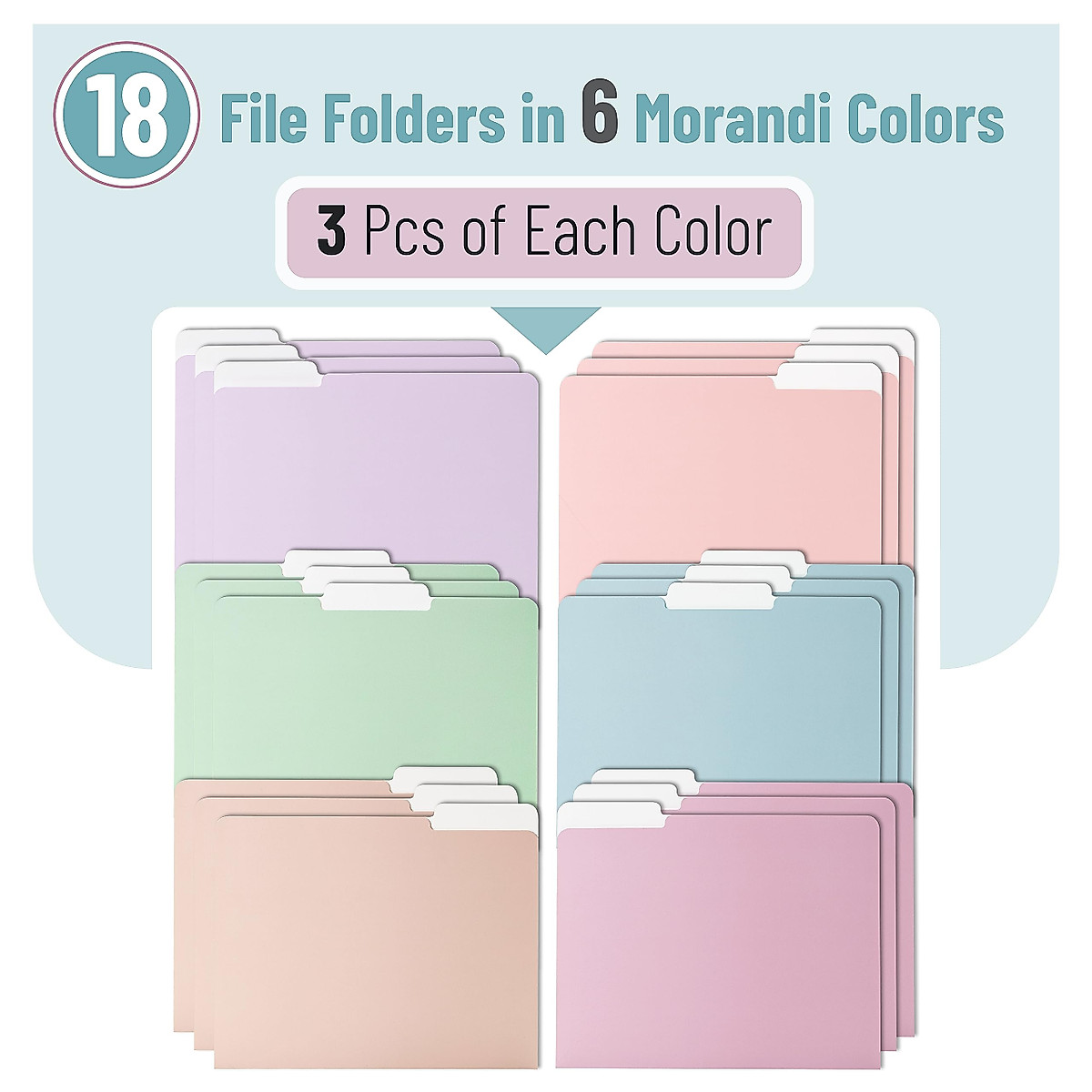 Mr. Pen File Folders, 18 Pack, Morandi Colors, 1/3-Cut Tab, Letter Size, Durable Paper Folders, Office Supplies