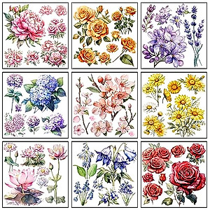 Heflashor 9 Sheets Flower Rub on Transfers,5.9 x5.9 Inch Flower Rub on Transfer Stickers for Crafts and Furniture, Classic Vintage Floral Decals for Furniture Home Office Paper Wood DIY Crafts