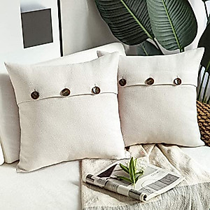 Phantoscope Farmhouse Throw Pillow Covers Triple Button Vintage Linen Solid Decorative Pillow Cover for Couch Bed and Chair Off White, 18 x 18 inches 45 x 45 cm, Pack of 2