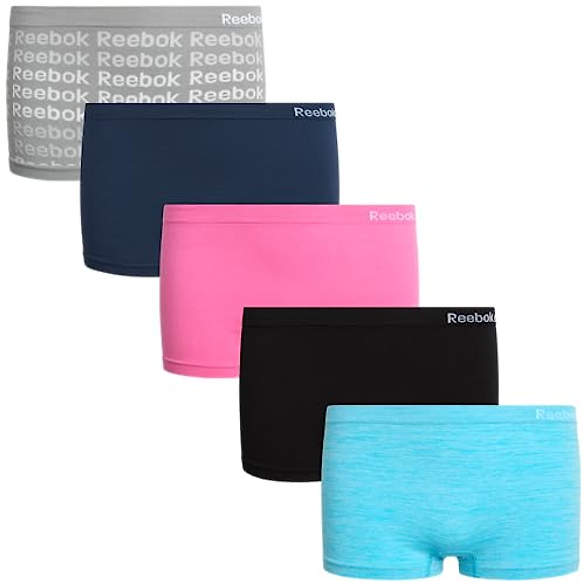 Reebok Girls' Boyshorts Underwear - 5 Pack Soft Seamless Girls Panties Boy Shorts - Breathable Panties for Girls (6-16), Size Medium, Sharkskin Print/Evening Blue/Bright Pink/Black/Aqua