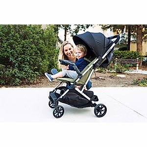 Joovy Kooper Lightweight Baby Stroller Featuring Removable, Swing-Open Tray, Big Wheels, Reclining Seat with Footrest, Extra-Large Retractable Canopy, and Compact Fold (Olive)