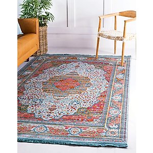 Unique Loom Baracoa Collection Area Rug - Malecon (5' 5" x 8' Rectangle, Light Blue/ Orange)