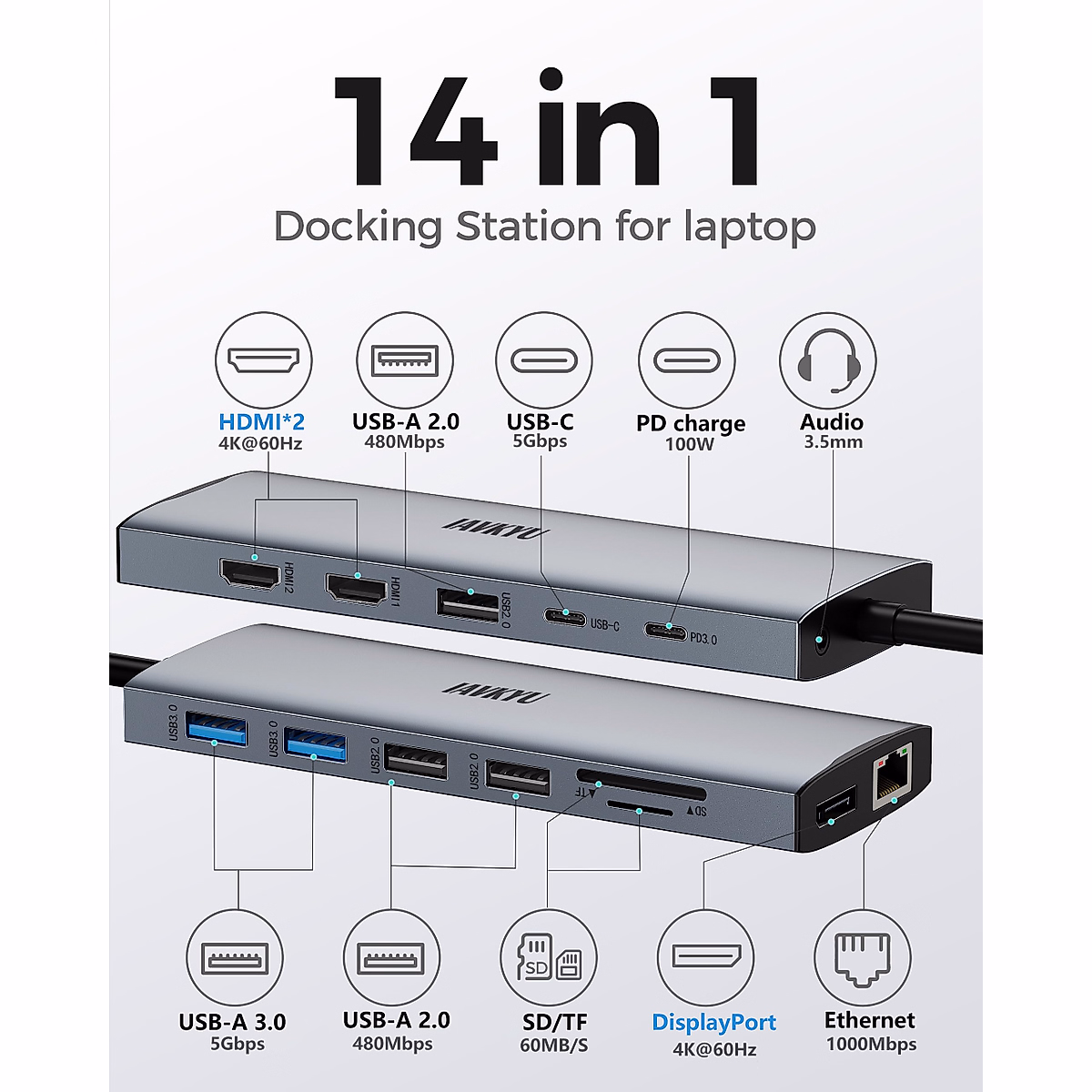 USB C Docking Station 3 Monitors 4K@60Hz, 14-in-1 Laptop Docking Station with 2 HDMI 4K@60Hz, DP 8K@30Hz/ 4K@144Hz, 3 USB 3.0, 2 USB 2.0, RJ45, Audio, PD 100W, USB-C HUB for Windows Laptop Accessories