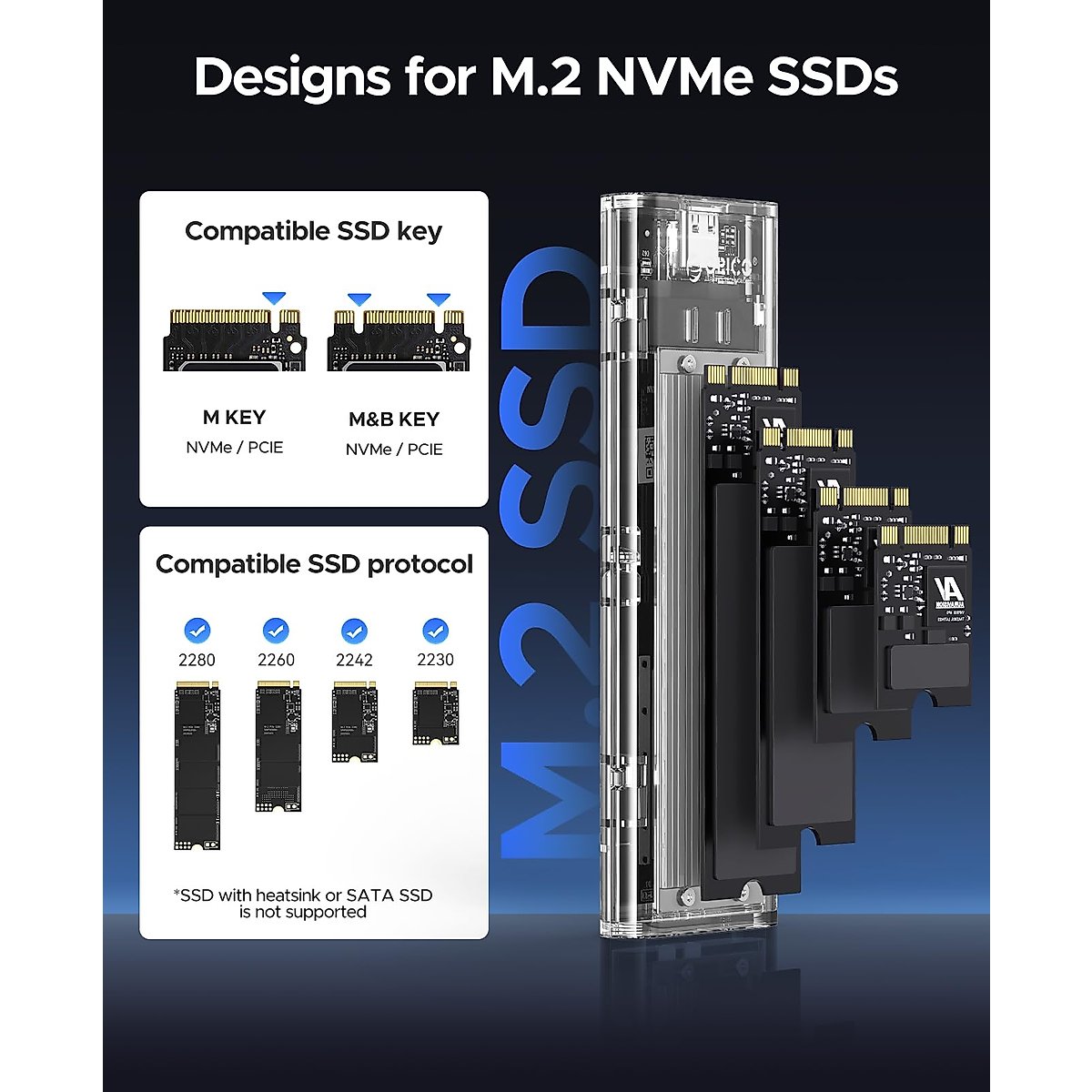 ORICO M.2 NVMe SSD Enclosure, USB 3.2 Gen 2 (10 Gbps), Transparent External Solid State Drive Adapter Enclosure for 2280 2260 2242 2230 PCI-E M2 M-Key SSD, USB Type C Converter Case-TCM2 Silver