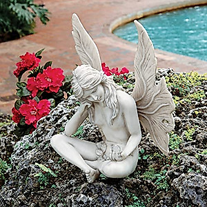 Design Toscano Gazing Secret Garden Fairy Statue, 10 Inch, Polyresin, Antique Stone