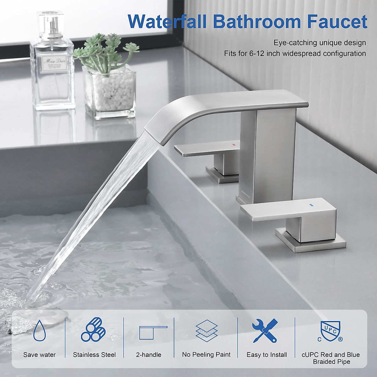 Brushed Nickel Bathroom Faucet 3 Hole, OMEKNTOP 8 Inch Waterfall Bathroom Faucet with Overflow Pop Up Drain and cUPC Hose, Two Handle Bathroom Sink Faucet for Basin Lavatory Vanity