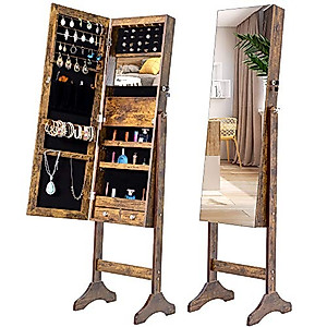 Knocbel 6 LED Jewelry Cabinet Full Body Mirror Lockable Jewelry Armoire Standing Angel Adjustable Storage Organizer Box with Inner Mirror & 2 Drawers, 15.75" L x 15" W x 61.42" H (Antique)