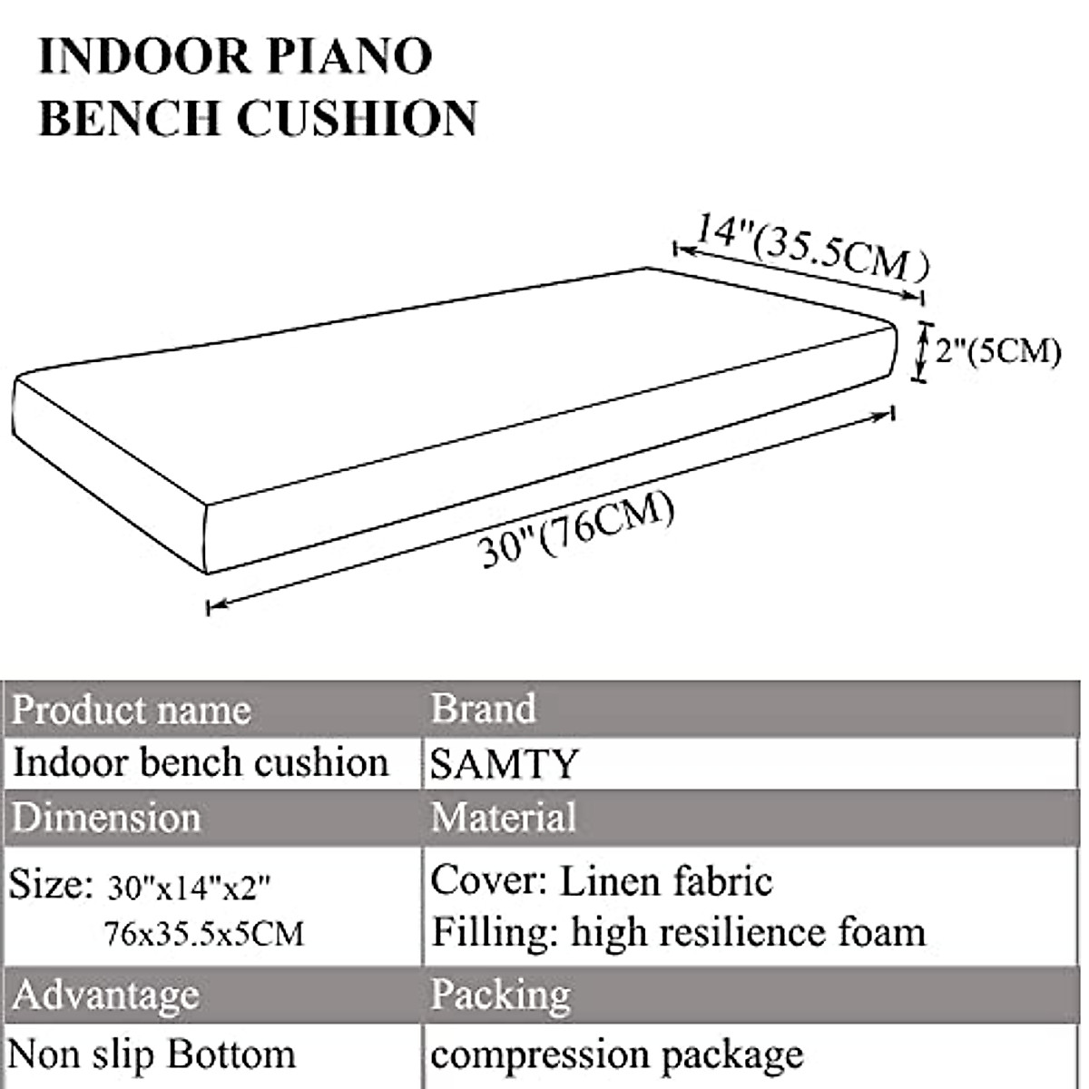Piano Bench Cushions with Ties Non Slip Memory Foam for Indoor Shoe Storage, Window Seat, Patio Seating, Dining Room Sette Bench pad 30x14 inch, Grey