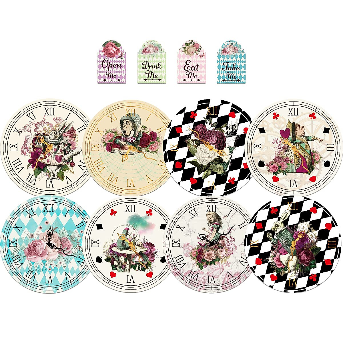 Alice and Wonderland Party Supplies 8 Pcs Cardboard Clocks for Mad Hatter Tea Party Decoration Diameter 8 inch Baby Shower Birthday Party Favors Not Real Clock