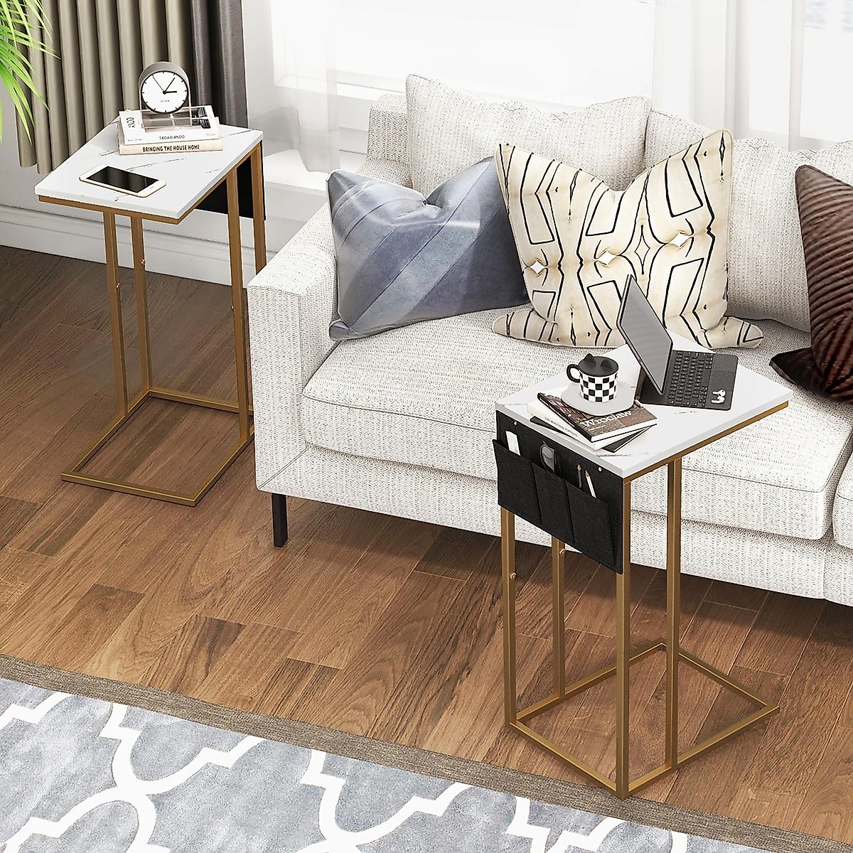 Livofloral C Shaped End Table for Couch, Small Couch Side Table for Sofa, C Side Table with Storage Bag, TV Tray Table for Living Room, Bedside Table for Bedroom, Snack End Table for Couch, White