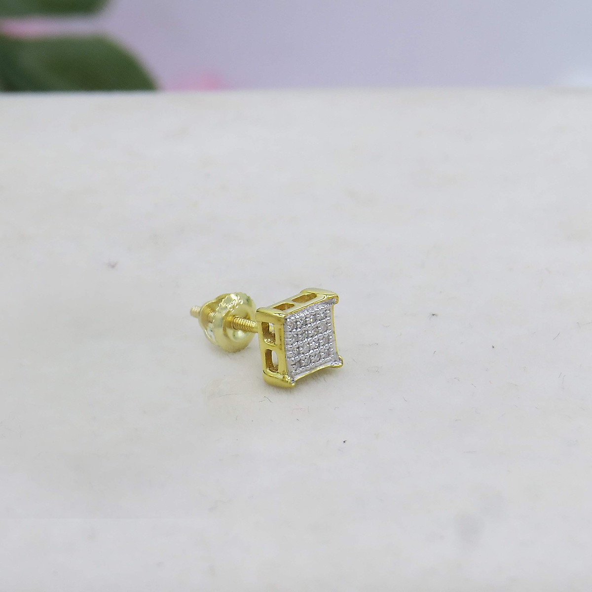Dazzlingrock Collection Round White Diamond Square Frame 1Pc Stud Earring for Men (Color I-J, Clarity I2-I3) in 10K Solid Yellow Gold, Screw Back