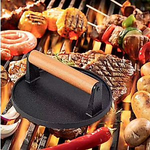 Kitchen Tools Heavy Duty Cast Iron Grill Press Burger Press Bacon Press Barbecue Press Meat Press Burger Smasher Griddle Press Round Flat Press with Anti Scalding Wooden Handle (5.7")