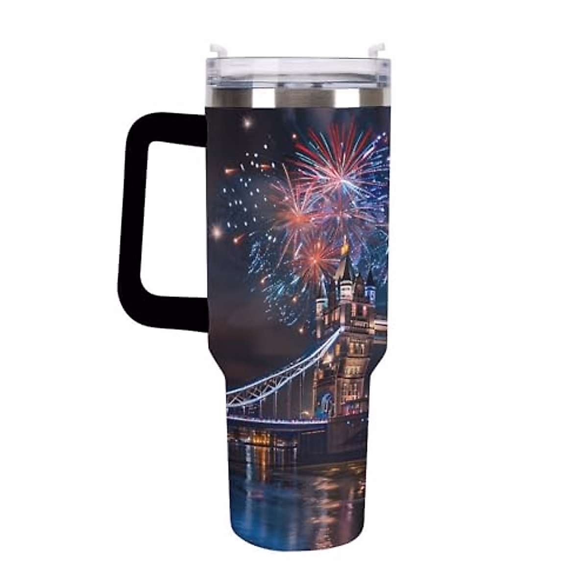 Fireworks over The Tower Bridge London Britain UK 40OZ Tumbler Stainless Steel Travel Mug Water Bottle Car Cup Tea Cups with Lid Black-style