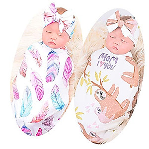 Newborn Receiving Blanket Headband Set - Unisex Soft Baby Swaddle Girl Boy Gifts (Feather+Sloth)