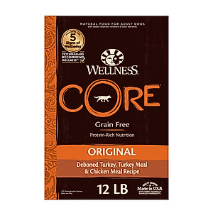 Wellness CORE Grain-Free High-Protein Dry Dog Food, Natural Ingredients, Made in USA with Real Meat, All Breeds, For Adult Dogs (Original Turkey & Chicken, 12-Pound Bag)