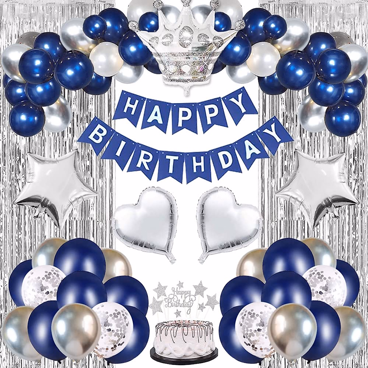 Navy Blue Silver Happy Birthday Party Decorations Set for Men Boys Women Girls, Banner, Crown Balloon, Fringe Curtains, Cake Topper for 13th 16th 18th 21st 25th 30th 40th 50th 60th 70th Party Supplies