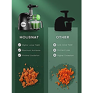 Juicer Machines, HOUSNAT Professional Celery Slow Masticating Juicer Extractor Easy to Clean, Cold Press Juicer with Quiet Motor and Reverse Function for Fruit & Vegetable, Brushes & Recipes Included, Black
